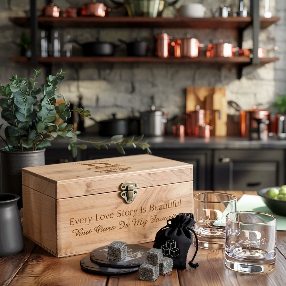 Whiskey Gift Set with Two Glasses, Two Coasters and Whiskey Stones ...