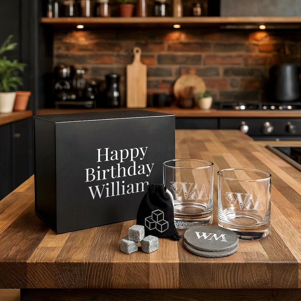 LazerBurst Whiskey GIft Set with Glasses, Slate Coasters, and Granite ...